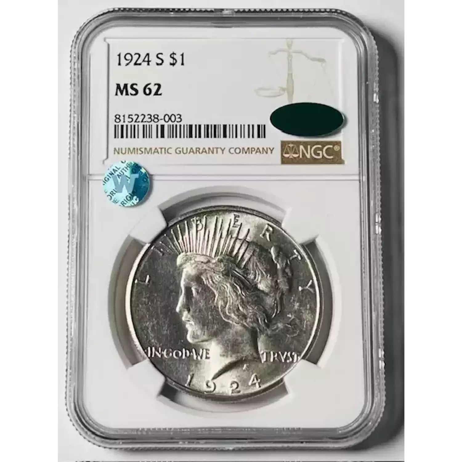 1924-S Peace Dollar NGC MS-62 Low Cac Pop! CAC, Sight White - Bob Paul Rare Coins