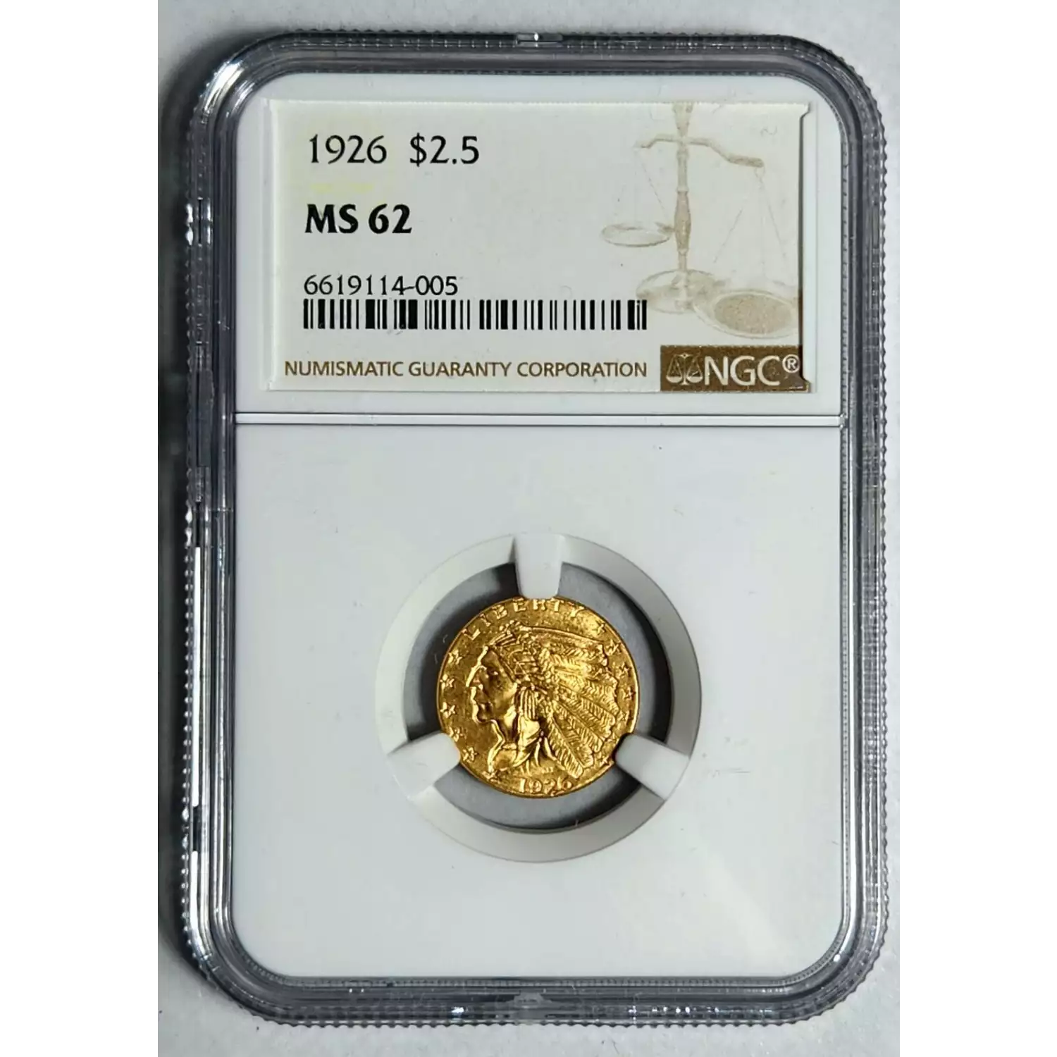 1926 Gold Quarter Eagles $2 1/2 Indian Head NGC MS-62 - Bob Paul Rare Coins