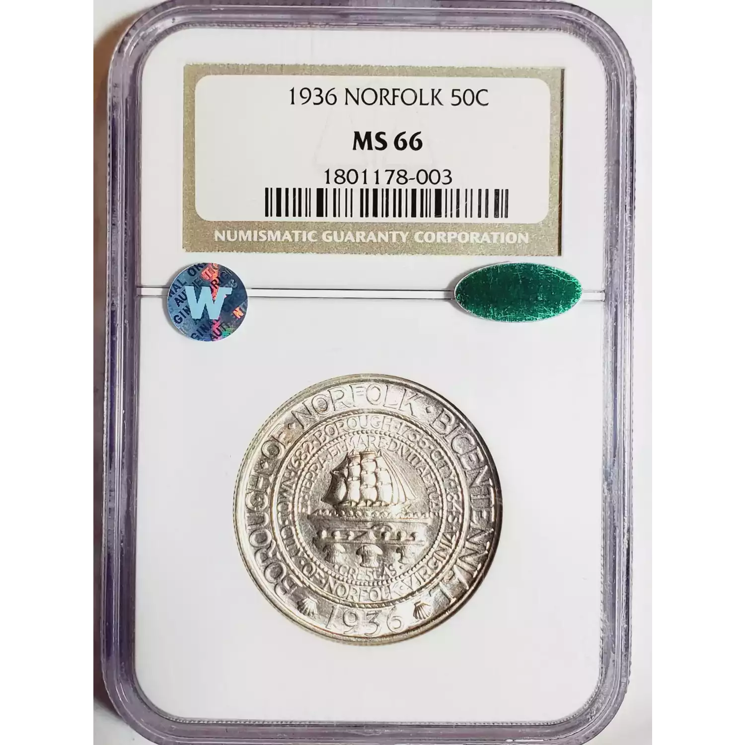1936 Classic Commemorative Norfolk, Virginia, Bicentennial NGC MS-66 ...