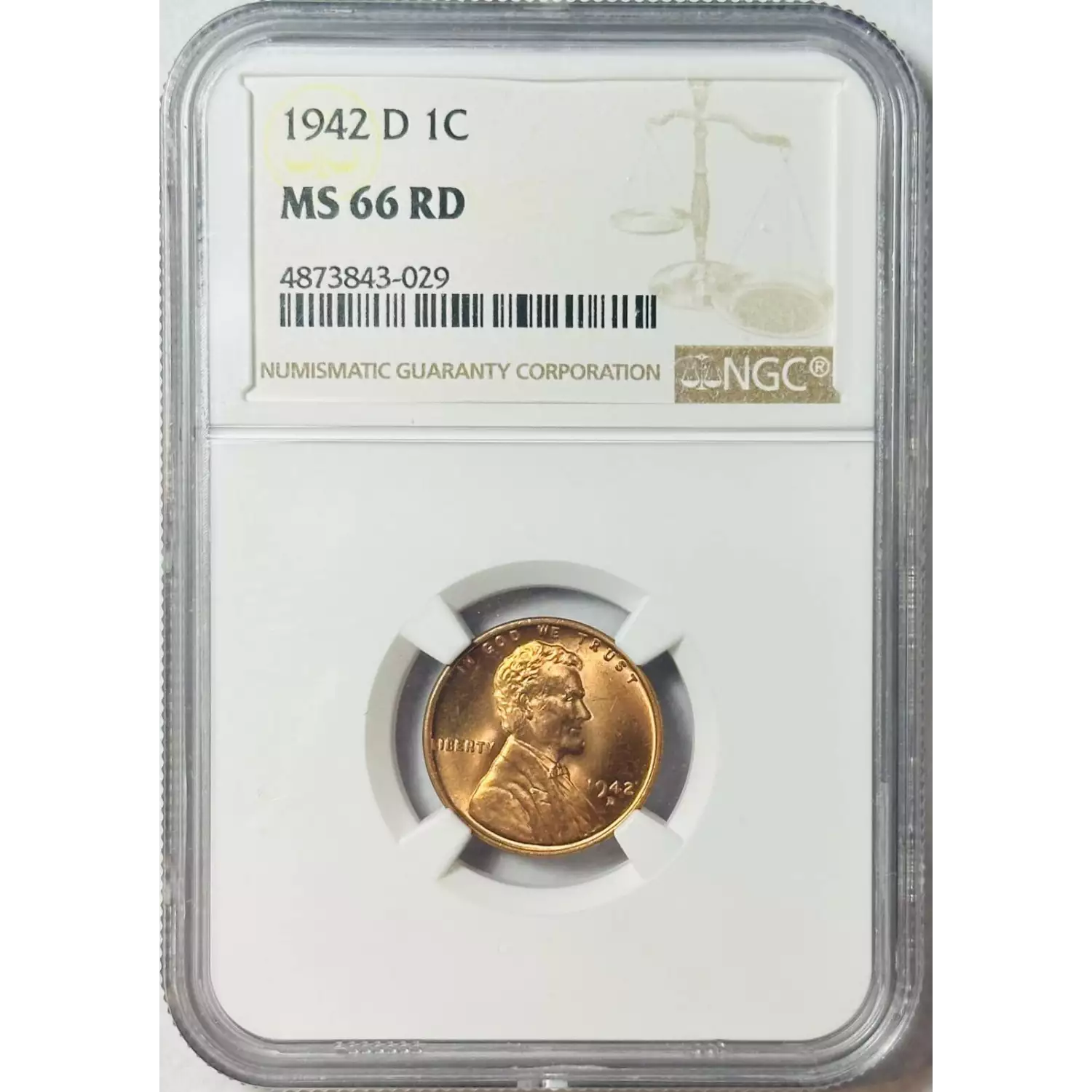 1942-D Small Cents Lincoln, Wheat Ears Reverse NGC MS-66 RD - Bob Paul Rare Coins
