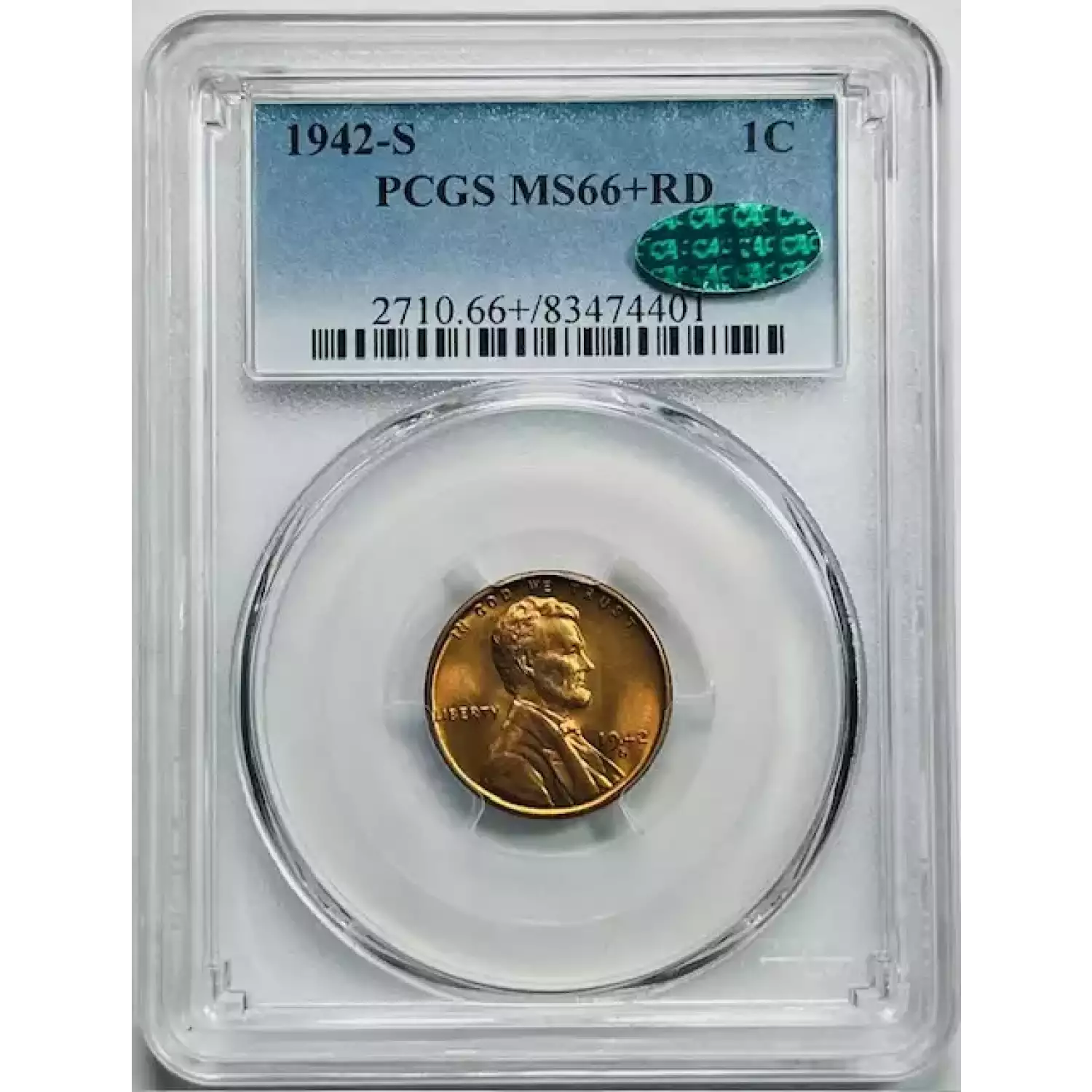 1942-S Small Cents Lincoln, Wheat Ears Reverse PCGS MS-66+ RD CAC - Bob Paul Rare Coins
