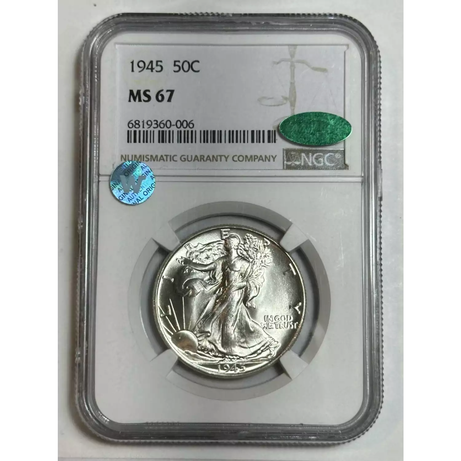 1945 Walking Liberty Half Dollar NGC MS-67 CAC, Sight White - Bob Paul Rare Coins