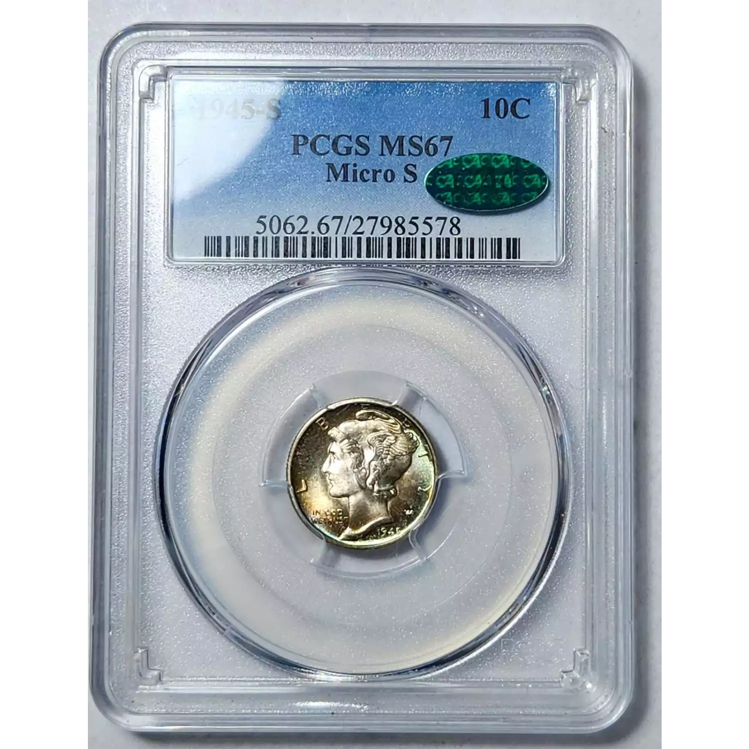 1945-S Mercury Dime PCGS MS-67 Micro S - CAC - PRETTY & SOME BANDS CAC - Bob Paul Rare Coins