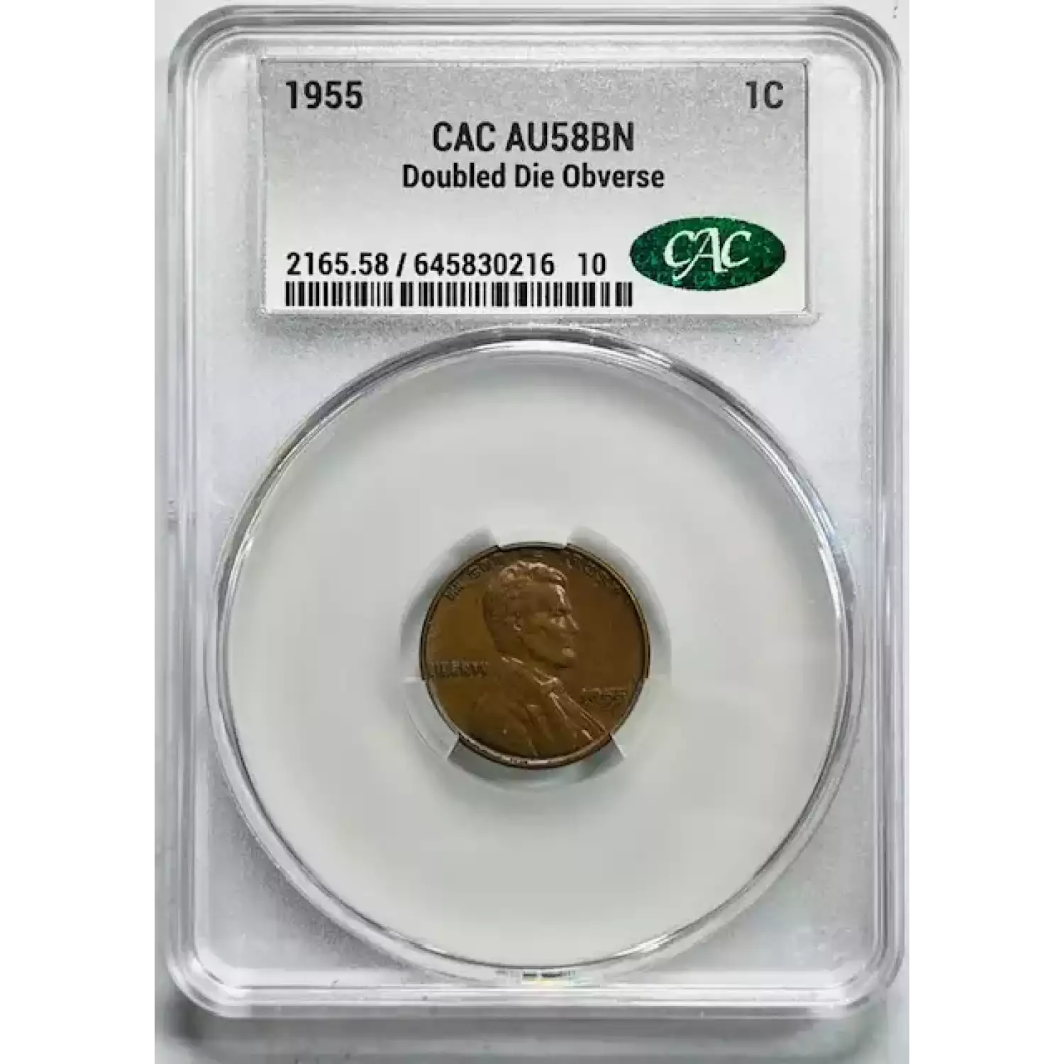 1955 Small Cents Lincoln, Wheat Ears Reverse CACG AU 58 BN Doubled Die ...