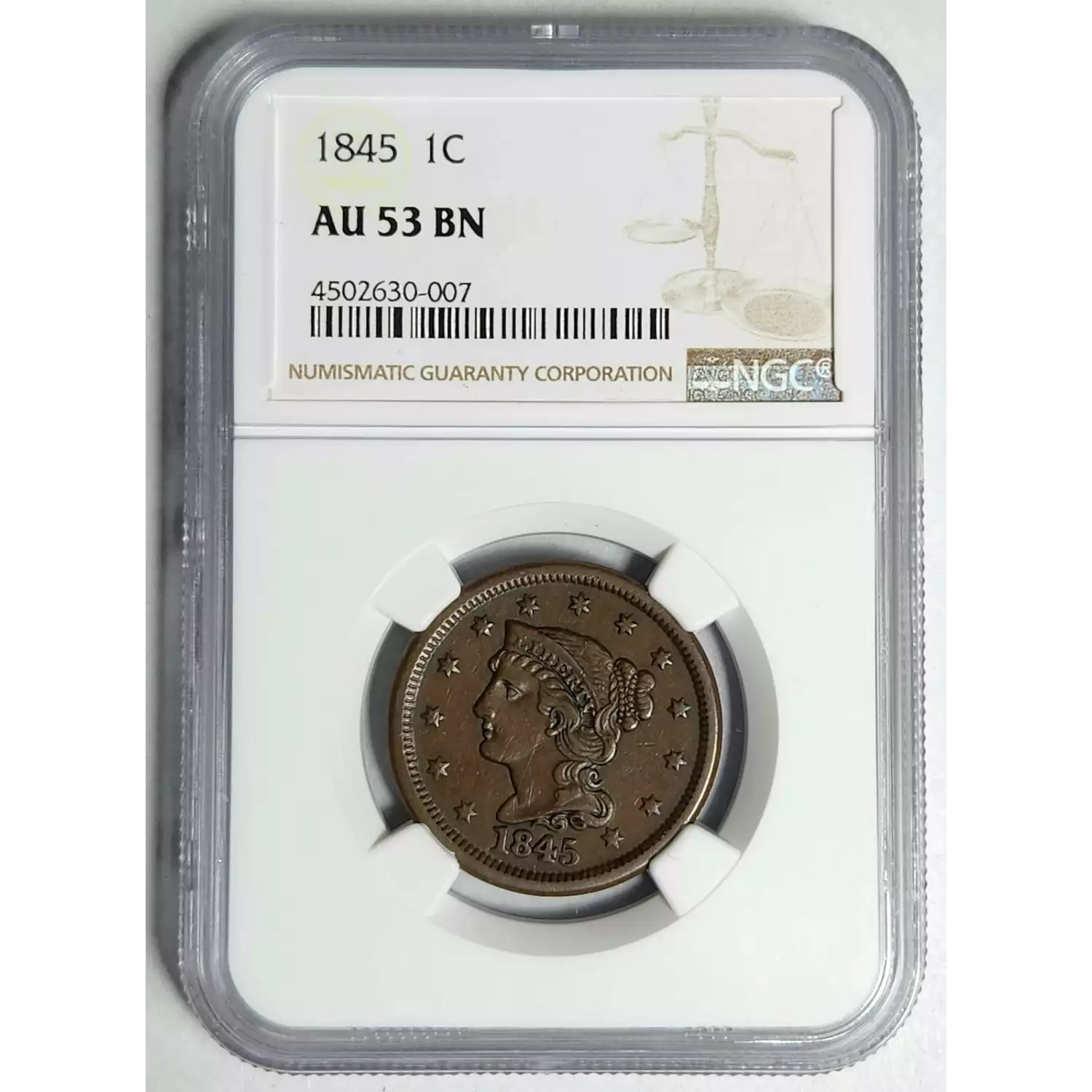 1845 Braided Hair Cent NGC AU-53 - BN - - Bob Paul Rare Coins