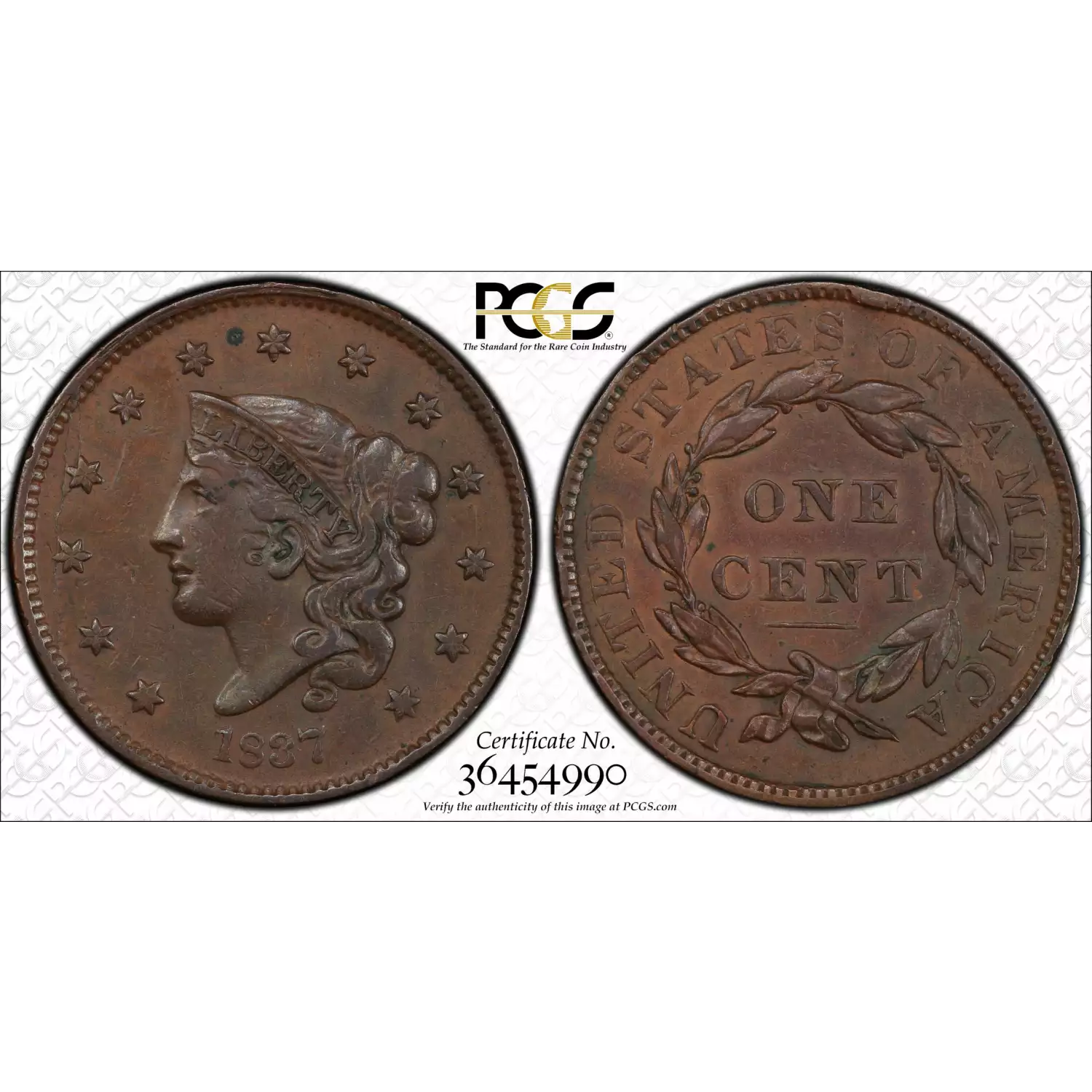 1837 Large Cents Coronet Head PCGS XF-40 BN Plain Cords, Medium Letters ...