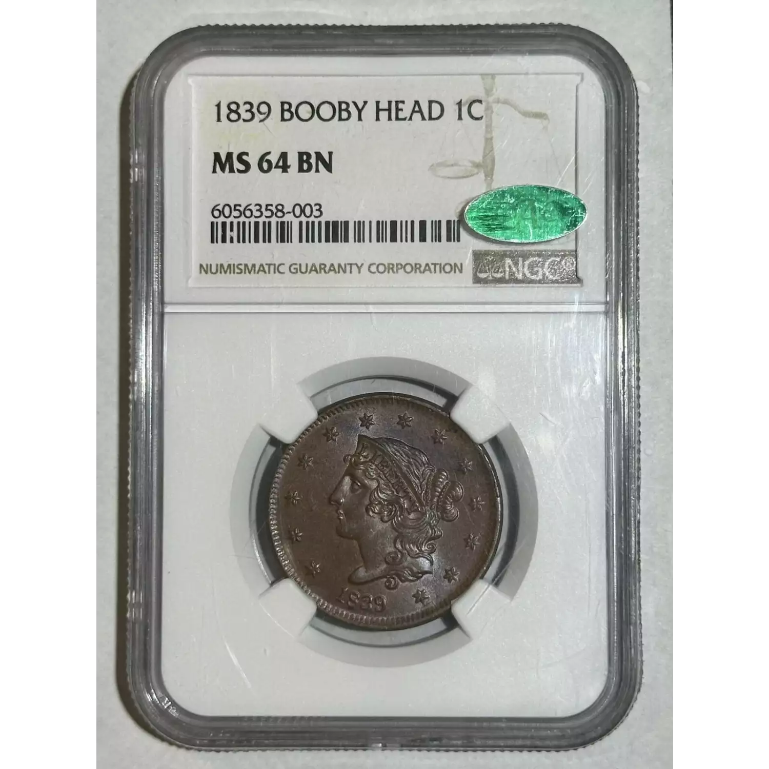 1839 Large Cents Coronet Head NGC MS-64 BN BOOBY HEAD CAC - Bob Paul Rare Coins