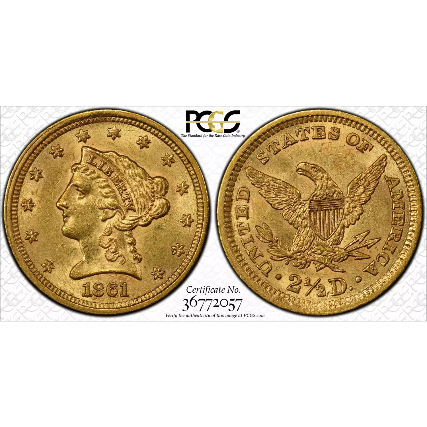 1861 $2.50 Gold Liberty Head Quarter Eagle PCGS MS-62 New Reverse CAC - Bob Paul Rare Coins