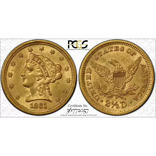 1861 $2.50 Gold Liberty Head Quarter Eagle PCGS MS-62 New Reverse CAC - Bob Paul Rare Coins