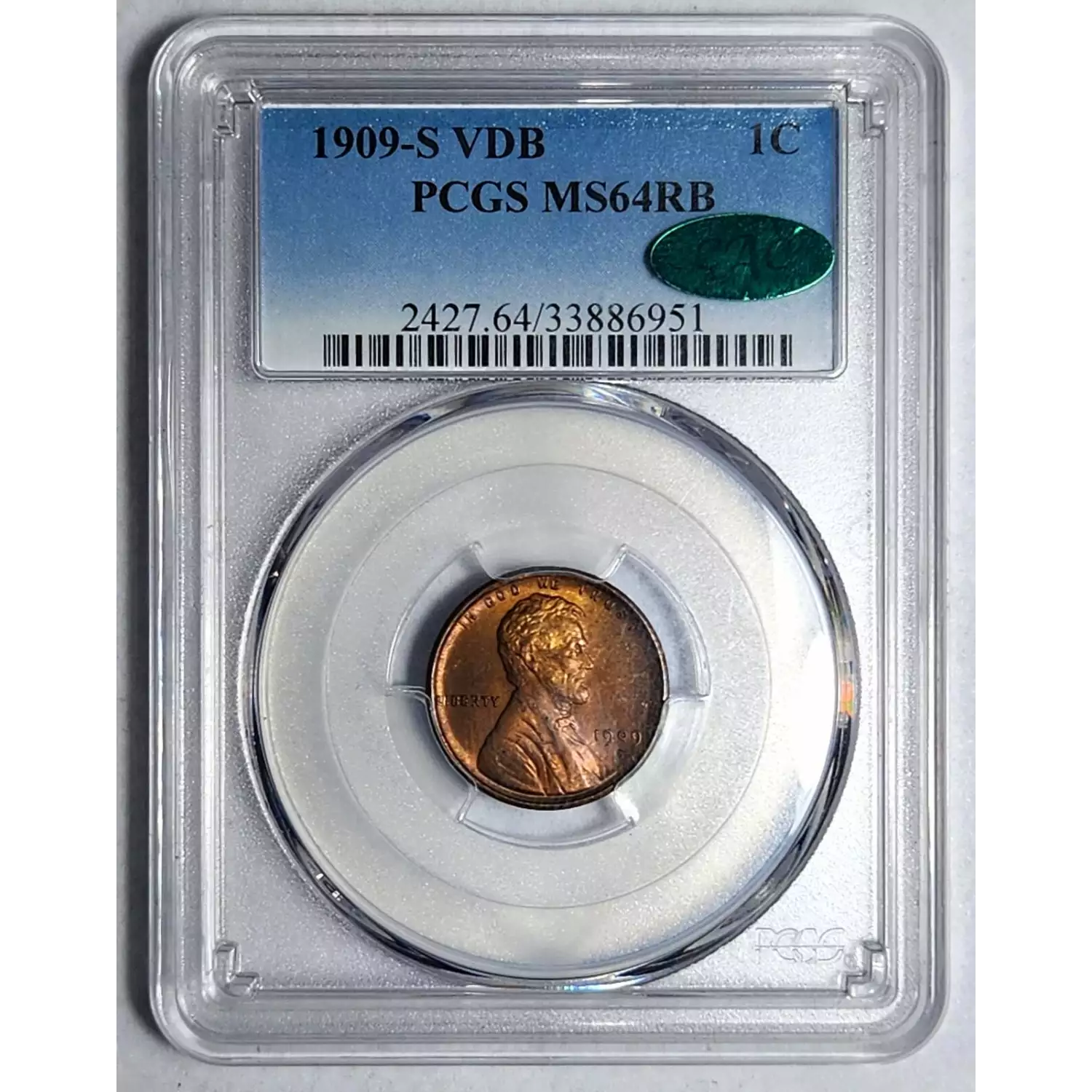 1909-S Small Cents Lincoln, Wheat Ears Reverse PCGS MS-64 RB - VDB - CAC CAC - Bob Paul Rare Coins