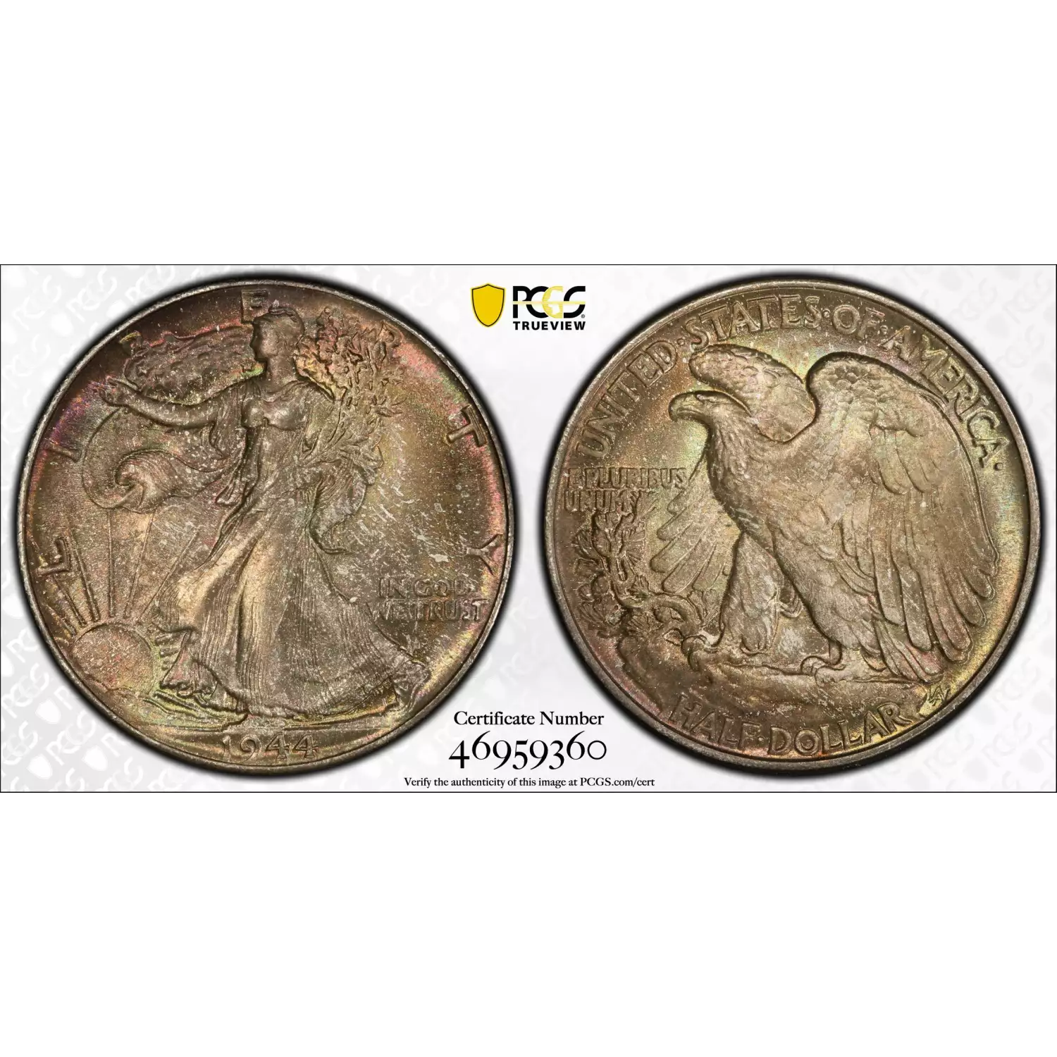 1944 Walking Liberty Half Dollar PCGS MS-67 Pretty Toning! CAC - Bob Paul Rare Coins